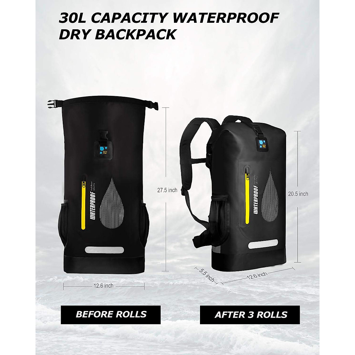 IDRYBAG Waterproof Backpack Dry Bag PVC 30L, Floating Bag Dry Backpack for Men, Dry Sack Waterproof Bag for Kayaking, Canoeing, Boating, Camping, Hiking