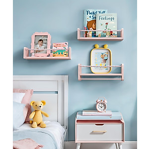 Maxpeuvon Nursery Book Shelves, Set of 3 Kids Bookshelves Natural Wood Wall Mount Organizer with Towel Bar Hanging Nursery Decor for Kids Room, Playroom, Bedroom and Kitchen, Pink