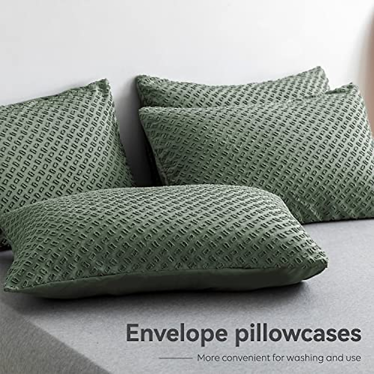 JELLYMONI Green Duvet Cover Queen Size - Soft Microfiber Queen Duvet Cover Set with Zipper Closure & Corner Ties, 3 Pieces Rectangle Embroidery Tufted Bedding Set for All Seasons (No Comforter)