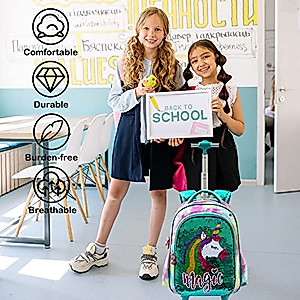 IvyH Wheeled Backpack for Girls, Kids Backpack Trolley Bag with Lunch Bag Pencil Case Sequins Primary School Bag Set 16 inch PU Pupils Satchel Rolling Backpack for Girls