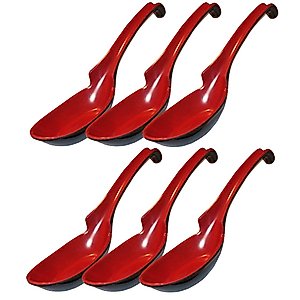 Happy Sales Melamine Soba, Rice Spoons, Chinese Won Ton Soup Spoon, Asian Red and Black, 6 Pack Notch & Hook Style