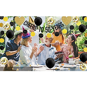 50th Birthday Anniversary Wedding Banner Funny Birthday Banner Glitter Cheers to 50 Years Birthday Party Decoration Supplies Hanging Garland Kit 10 Balloons Bunting 50 Bday Backdrop Adult Black Gold