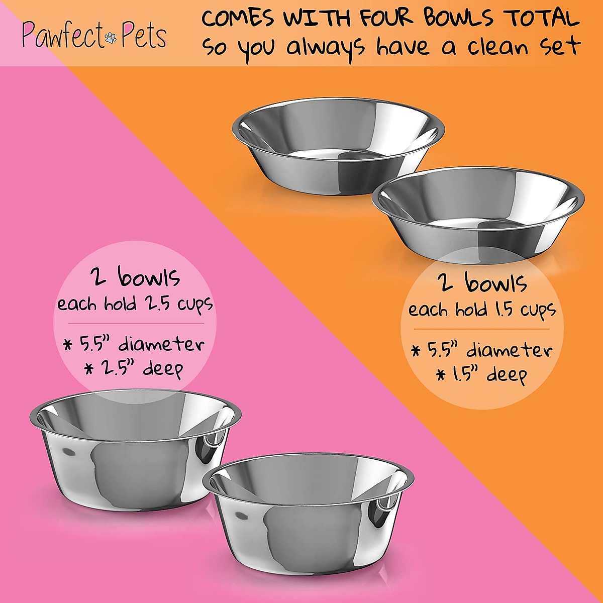4” Raised Dog Bowls for Small Dogs and Cats. Elevated Dog Bowl Stand by Pawfect Pets. Pet Feeder Comes with Four Stainless Steel Dog Bowls