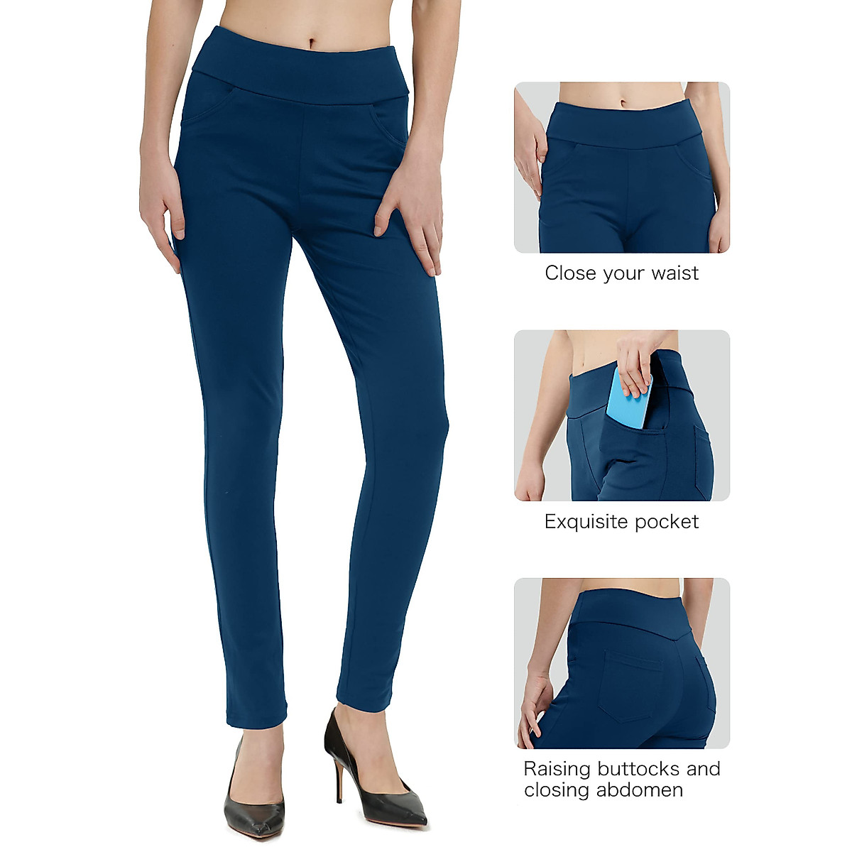 nuveti Women's Yoga Dress Pants Skinny Leg Work Pants Pull on Stretch Pant for Women with Pockets (DiamondBlue,Medium)