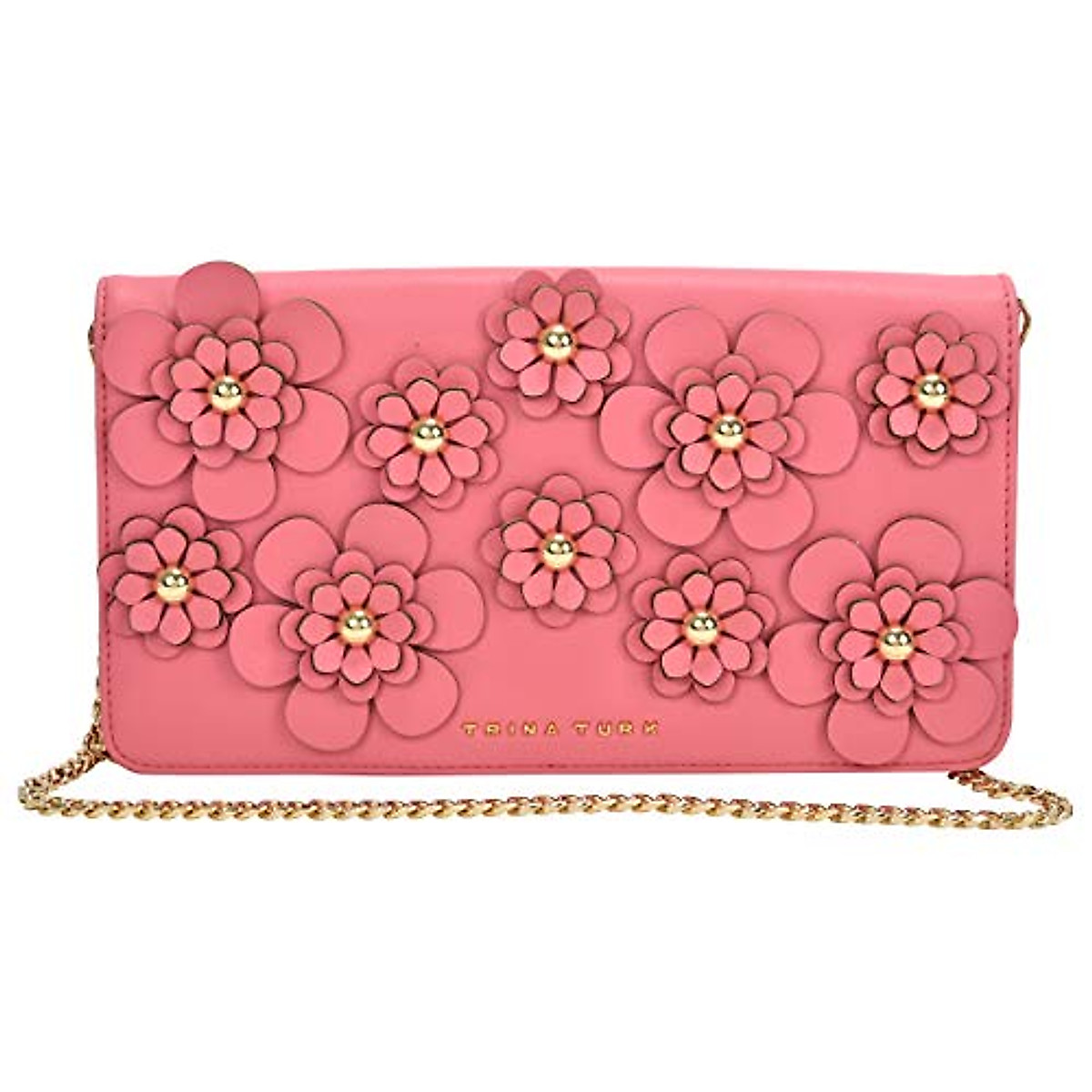 Trina Turk Handbags, Floral Applique Clutch With Detachable Chain (Pink)