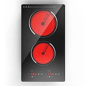 VBGK Electric Cooktop, 12 Inch Built-in Radiant Electric Stove Top,110V 2100W Electric burner with 2 Burners, 9 Heating Level, Timer & Kid Safety Lock, Sensor Touch Control 2 burner Induction Cooktop