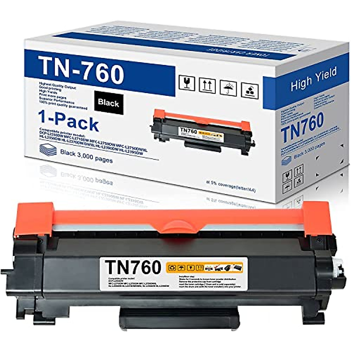 [3,500 Pages High Yield] Compatible TN-760 TN760 Toner Cartridge: Replacement for Brother TN760 Toner MFC-L2710DW MFC-L2750DW HL-L2350DW MFC-L2717DW DCP-L2550DW Printer TN7601PK Toner