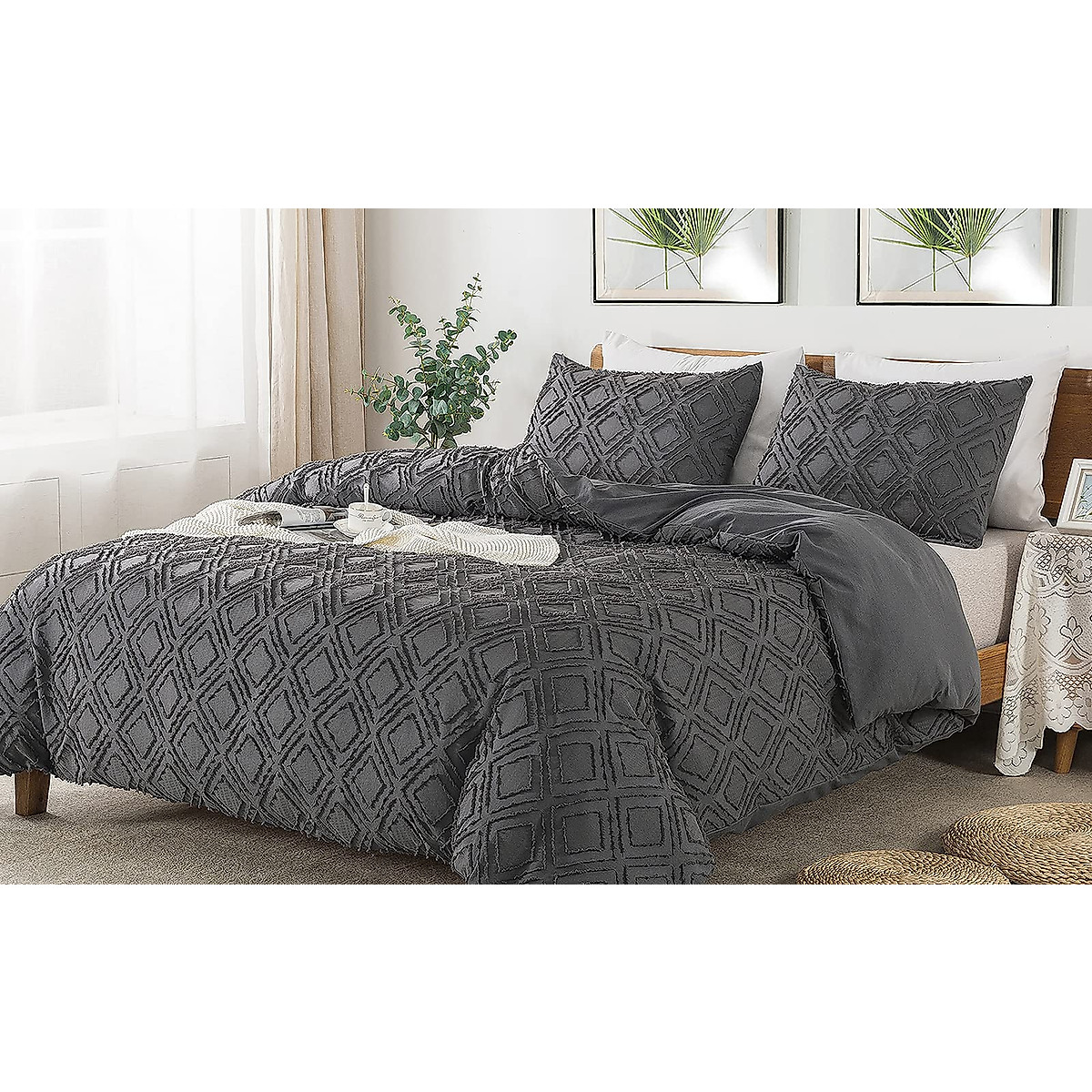 Lamourbear Jacquard & Tufted Geometric Grey Duvet Cover Queen Size Bedding Set, Soft, All Seasons, with Double-end Sliders Zipper Closure, 8 Ties, 3 Pieces (2 Pillowcase, 1 Duvet Cover), Q Dark Grey