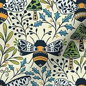 Spoonflower Fabric - Bumblebee Nature Damask Botanical Mushroom Pollinator Large Scale Printed on Minky Fabric by The Yard - Sewing Baby Blankets Quilt Backing Plush