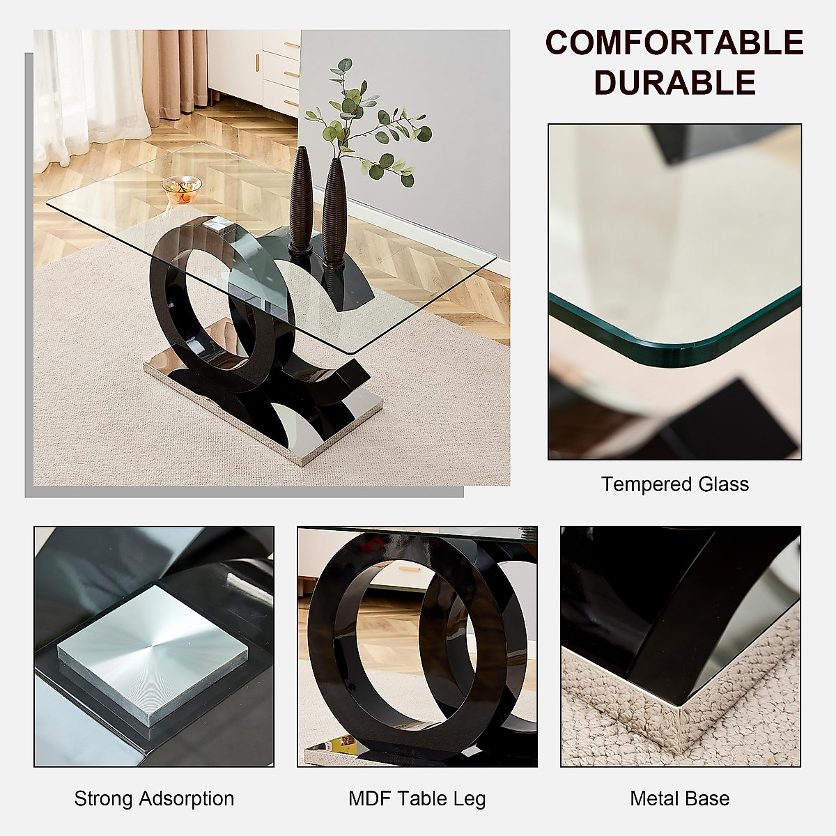 FURNITO 63'' Glass Dining Table Set for 4,Modern Dining Table Set for 4,Tempered Glass Table Top and High-End Design MDF Base with 4 Leather Ergonomic Dining Chairs