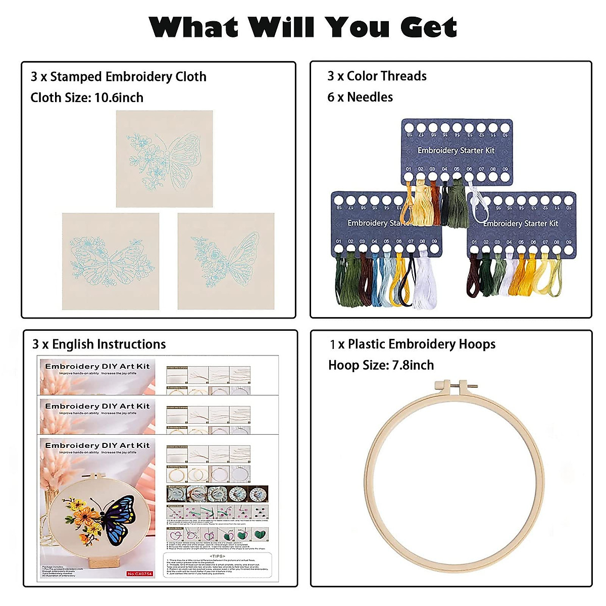 GLTAYLMY 3 Pack Embroidery Kits with Butterfly Pattern for Beginner Adults,Cross Stitch Kits with 1 Plastic Embroidery Hoops,Needles and Color Threads,Needlepoint Kit for Adults