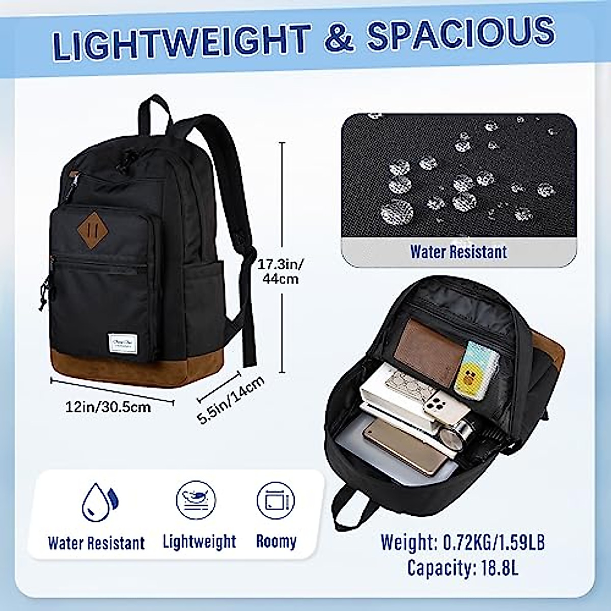 Chase Chic School Backpack for Men Women,Water Resistant Bookbag/Schoolbag/Daypack for Teen Boys Girls High School,College,Work,Travel Black