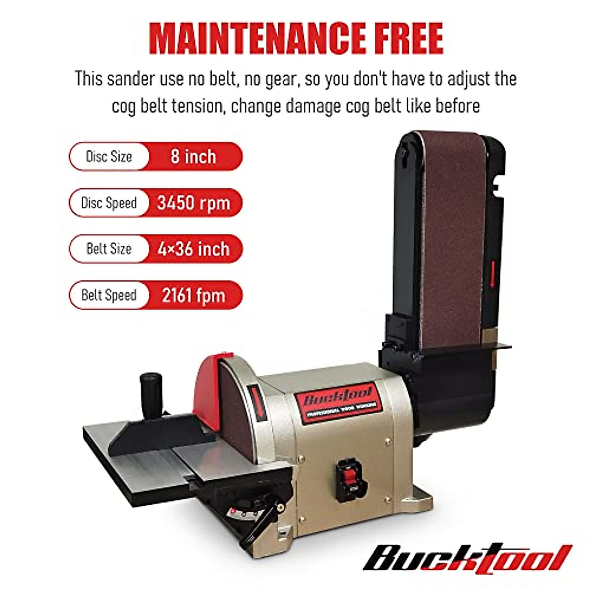 BUCKTOOL Direct Drive Bench Belt Sander, 4x36 in Belt and 8 in Disc Sander, 3/4HP Belt Sander for Woodworking, 5.0A Benchtop Belt Sander
