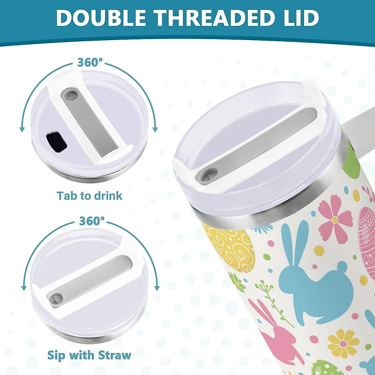 Emelivor Easter Rabbit Bunny 40 oz Tumbler with Lid and Straw Insulated Tumblers with Handle Thermal Stainless Travel Coffee Mug Cup Water Bottle for Women Men Sports Gym