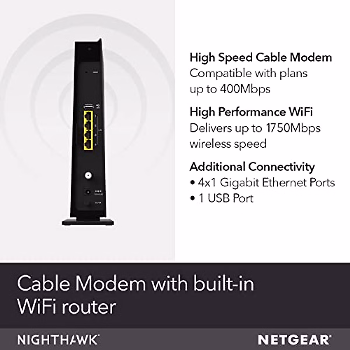 NETGEAR Cable Modem WiFi Router Combo C6300 | Compatible with Providers Xfinity by Comcast, Spectrum, Cox | Plans Up to 400Mbps | AC1750 WiFi Speed | DOCSIS 3.0.
