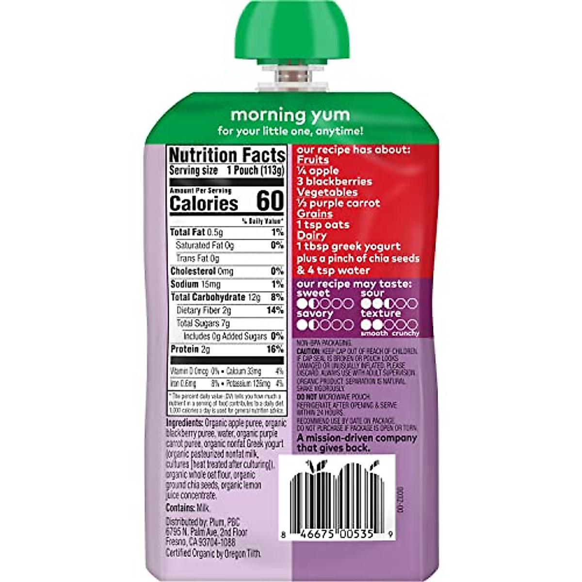 Plum Organics Baby Food Pouch | Mighty 4 Blends | Apple, Blackberry, Purple Carrot, Greek Yogurt & Oat | 4 Ounce | 12 Pack | Organic Food Squeeze for Babies, Kids, Toddlers