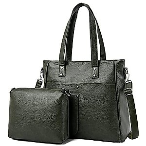 Downupdown Women Handbags and Purse Set Soft Leather Shoulder Bags Medium Satchel Minimalist Ladies Tote Bag Crossbody Bag 2-Pcs-Green