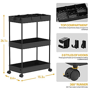 SPACELEAD 3 Tier Rolling Cart with Wheels, Storage Craft Art Cart Trolley Organizer Serving Cart, 3 Hanging Baskets Easy Assembly, for Office, Living Room, Kitchen, Black