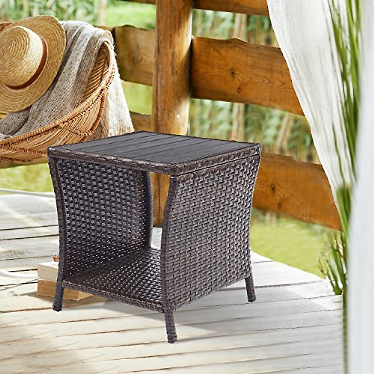 Outdoor Side Table for Patio Small Rattan Wicker Coffee Table Balcony Table Outside End Table with Poly Lumber Table Top & Storage Bistro Table for Garden Pouch Deck Living Room Backyard Brown