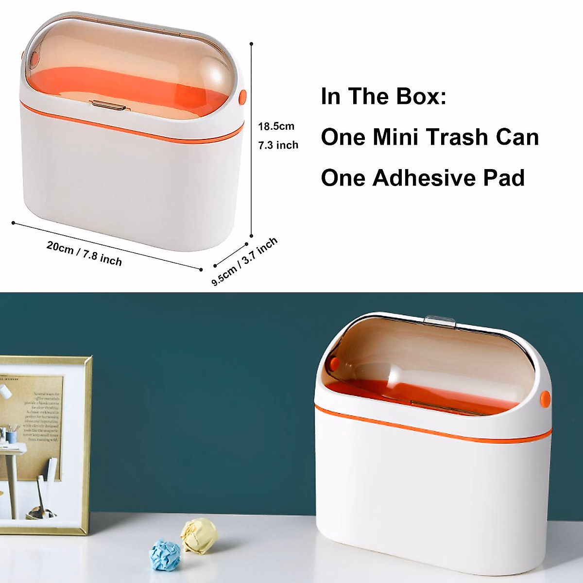LALASTAR Lint Bin, Mini Desktop Trash Can with Lid for Office Countertop, Mountable Tiny Wastebasket for RV, Dorm, Freezer, Laundry and More (Orange)