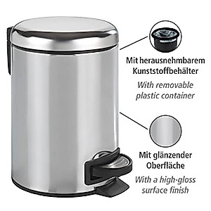 WENKO Basket, Small Trash Can with Lid and Pedal, Garbage Bin for Bathroom with Removable Inner Bucket, Stainless Steel, 0.79 Gal, 9.84 x 8.86 x 6.69 in, 17 x 22.5 x 25 cm, Gray Shiny