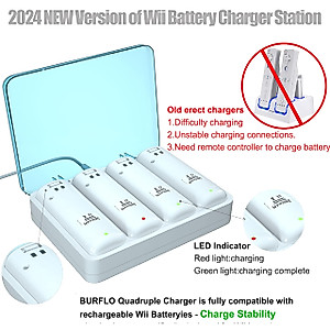 Rechargeable 4 Pack Battery Pack for Wii/Wii U Remote Controller,2800mAh Replacement Batteries and 4 Ports Charger Station for Wii/Wii U Remote Controller Battery Pack,wii Remote Charger-BURFLO