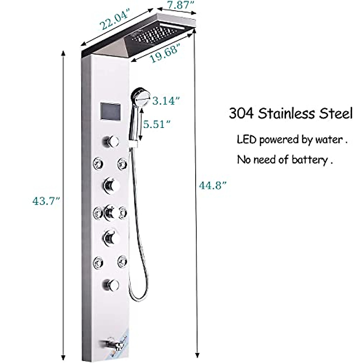 FUZ Contemporary Shower Panel Tower System Stainless Steel 6-Function Faucet LED Rainfall Waterfall Shower Head + Handheld Sprayer + Rain Massage Body Jets + Tub Spout,Brushed Nickel