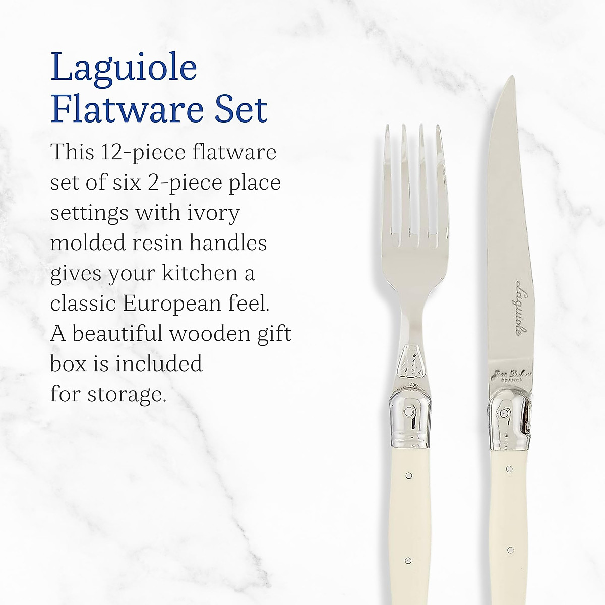 Jean Dubost Laguiole 12-Piece Flatware Set, Ivory Handles - Rust-Resistant Stainless Steel - Includes Wooden Tray - Made in France
