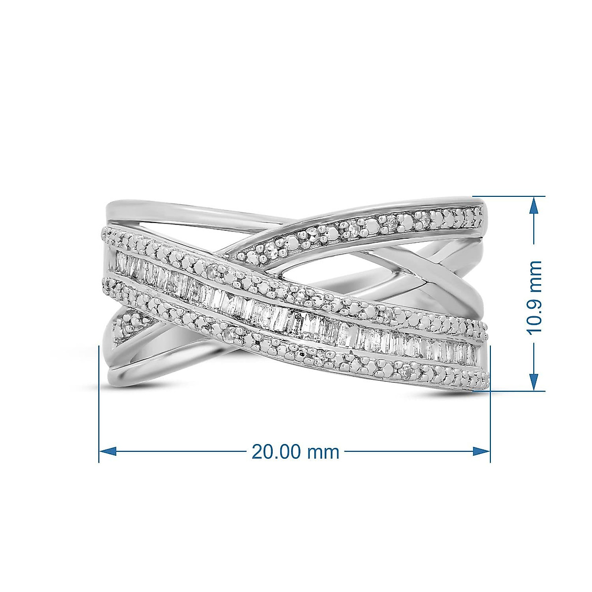Jewelili Sterling Silver 1/4 Cttw Natural White Round and Baguette Diamonds Cross Over Ring, Size 7