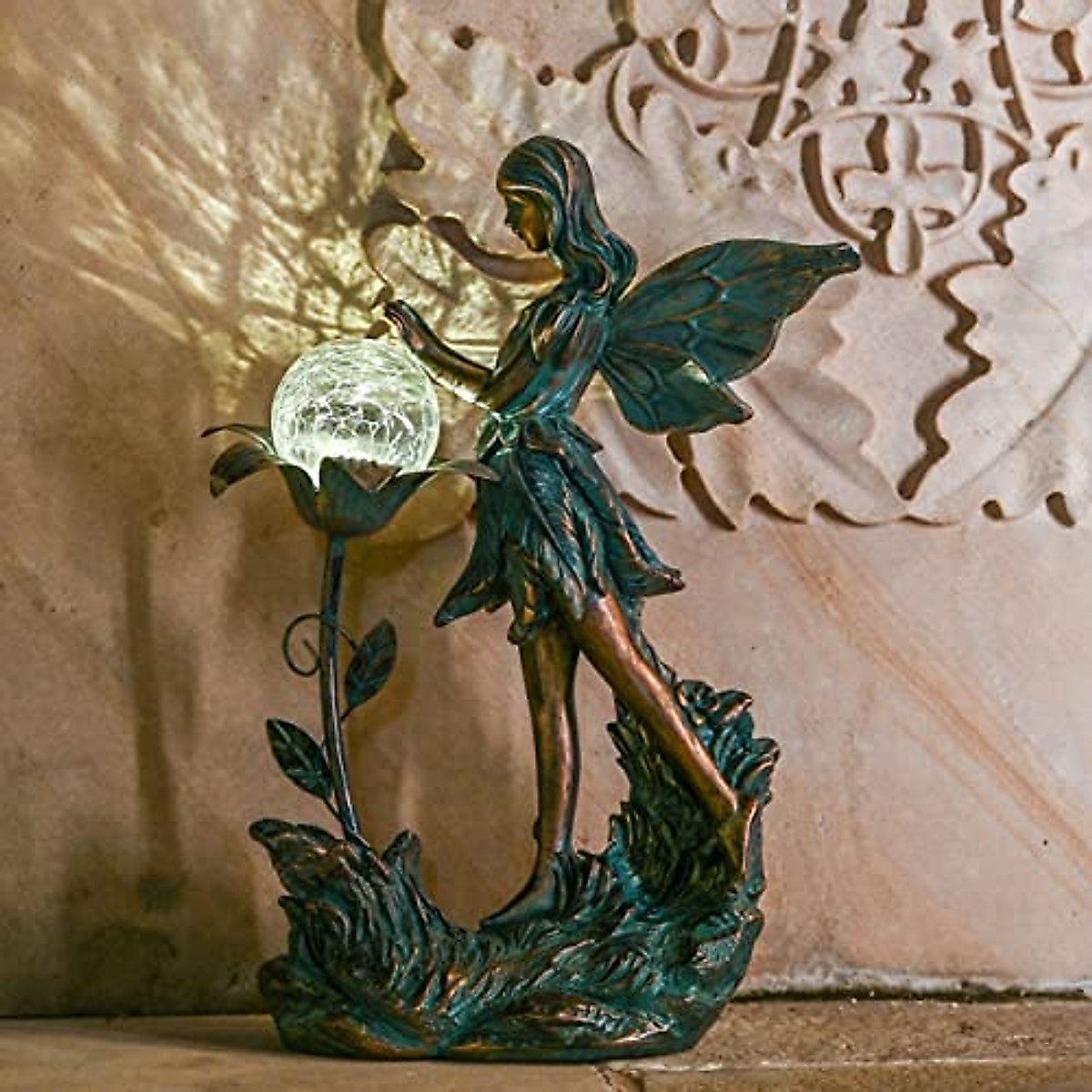 TERESA'S COLLECTIONS Large Garden Fairy Outdoor Statue, Solar Garden Sculptures & Statues with Crackle Glass Globe, Bronze Patina Garden Art for Lawn Patio Balcony Decor 13.2 inch