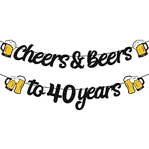Cheers and Beers to 40th Years Banner 40th Birthday Decorations for Men Women 40s Birthday Backdrop Wedding Anniversary Party Supplies Black Glitter Decorations Pre-Strung