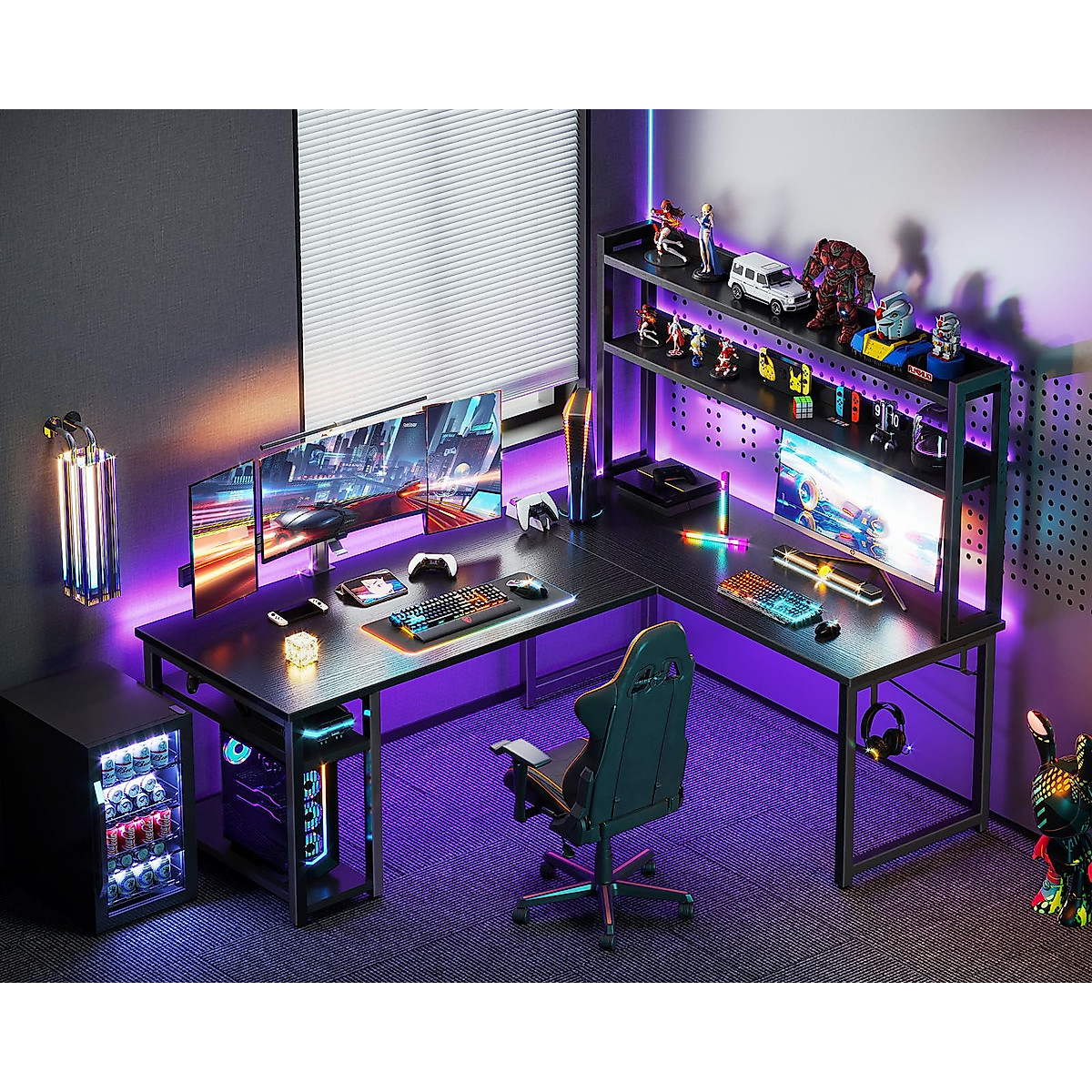 ODK L Shaped Gaming Desk with Hutch, Computer Desk with Storage Shelves, 59" L Shaped Desk for Home Office, Corner Desk with Headphone Hook, Black