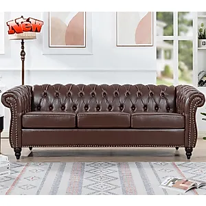 VENYAA Higher Quality and Stronger 84.65" PU 3 Seater Sofa Couch with Enhanced Legs and Rolled Arm for Living Room Office, Thickened Reinforced 3 Seater Leather Couch (Easier To Assemble) (Dark Brown)