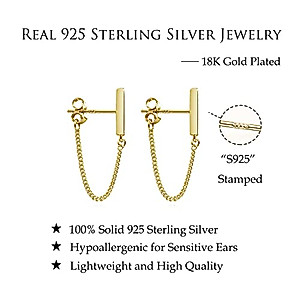 Reffeer Solid 925 Sterling Silver Bar Chain Dangle Earrings Drops for Women Teen Girls Bar Drop Earrings Chain Studs (A-Gold)