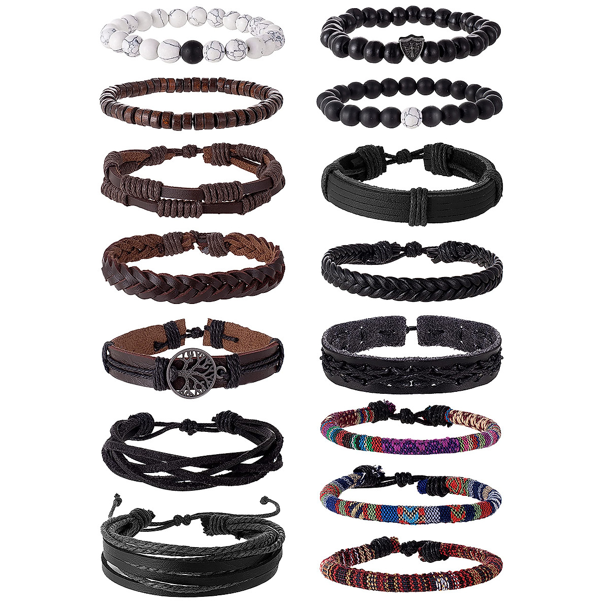 Tornito 15Pcs Braided Leather Bracelet String Wood Bead Woven Ethnic Boho Cuff Wrap Stretch Wristbands Bracelets Set for Men Women Size Adjustable