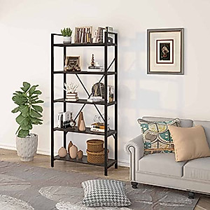FATORRI 5 Tier Industrial Bookshelf, Rustic Open Bookcase for Display, Dark Wood and Metal Shelving Unit and Tall Book Shelves for Home Office (Walnut Brown)