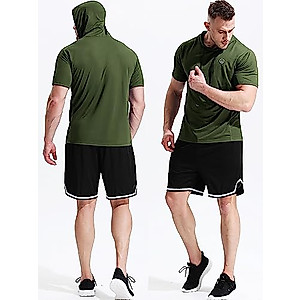 NELEUS Men's Running Shirt Mesh Workout Athletic Shirts with Hoods,5084,3 Pack,Black/Grey/Olive Green,US XL,EU 2XL
