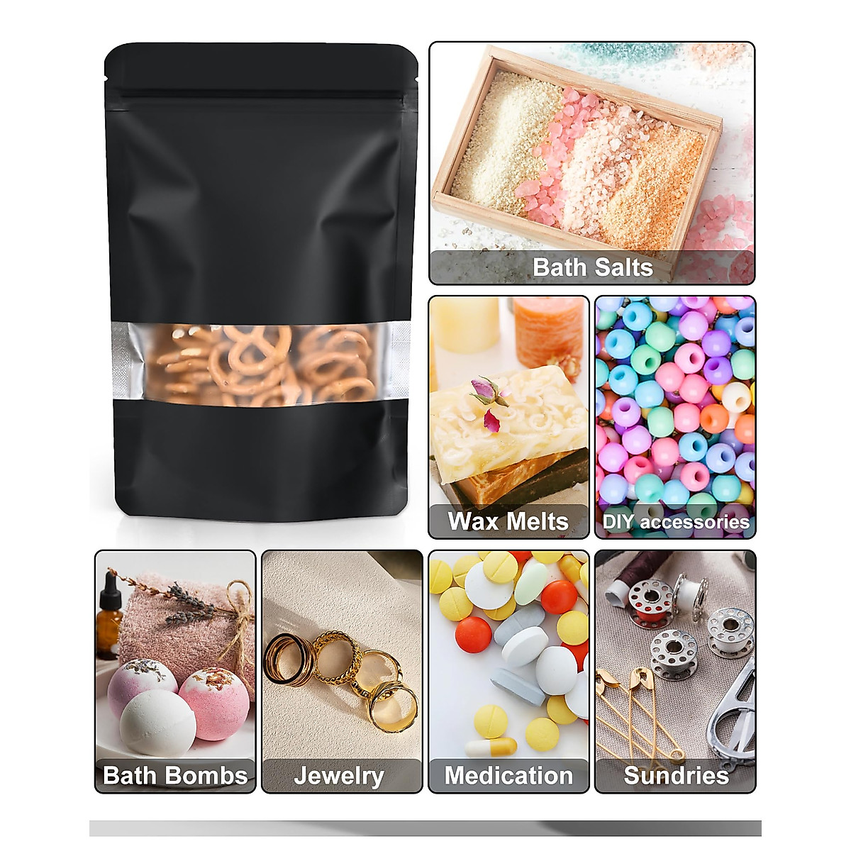 100 Pack Smell Proof Bags, Resealable Bags with Matte Window, Foil Pouch Stand Up Sealable Bags for Packaging（Black，4" x 6"）