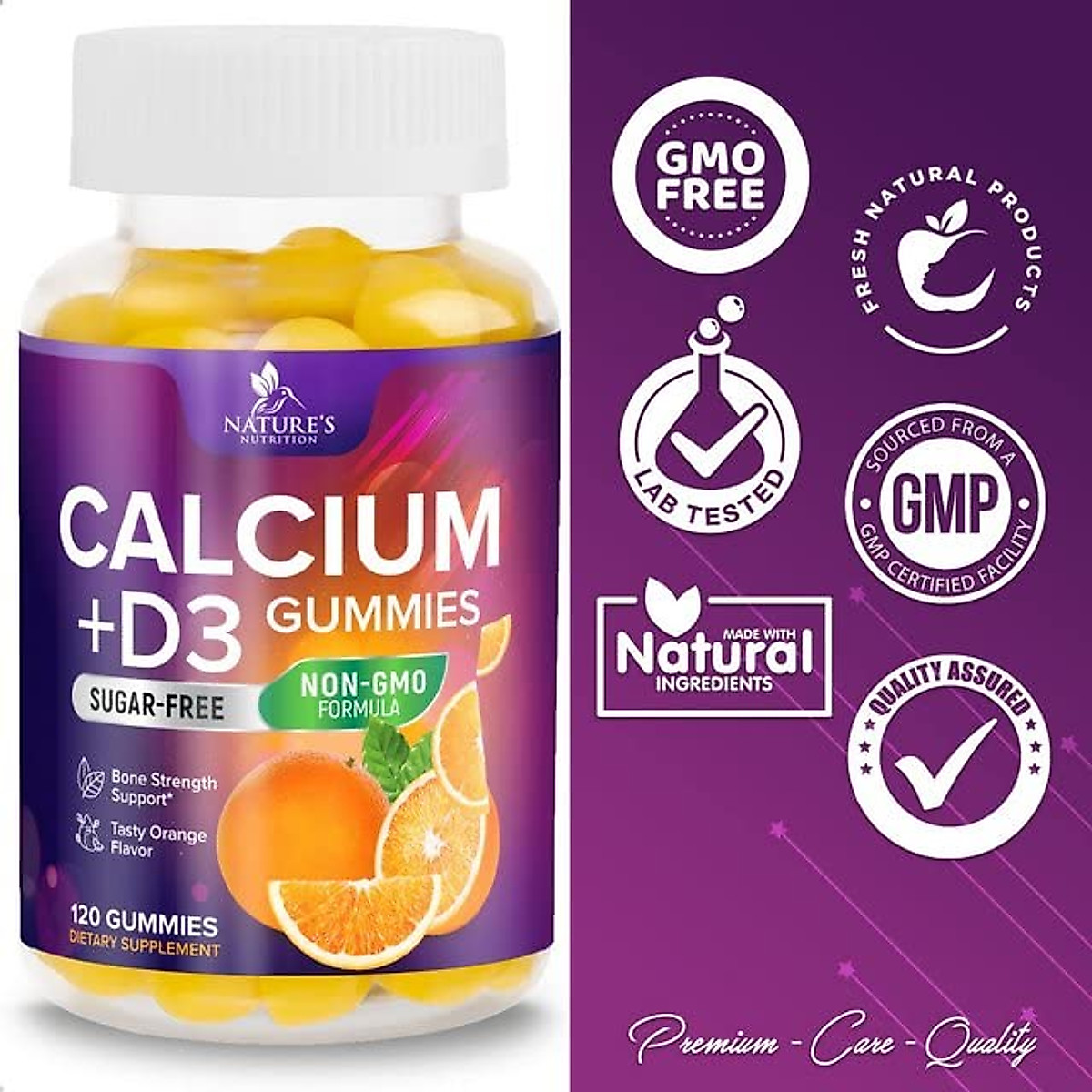 Sugar Free Calcium Gummy Bites Plus 400 IU Vitamin D3, Bone Health & Immune Support - Chewable Calcium Nutrition Supplement, Non-GMO, Orange Flavor Chews - 120 Gummies