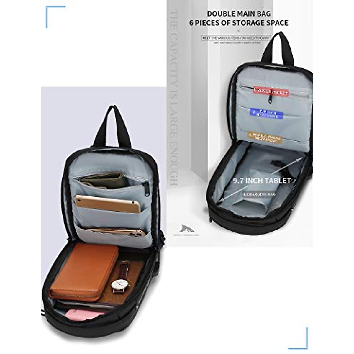 BAPASA Men Sling Crossbody Bag Compact Shoulder Waterproof Sling Bag USB Casual Sport Lightweight Backpack (BLACK)