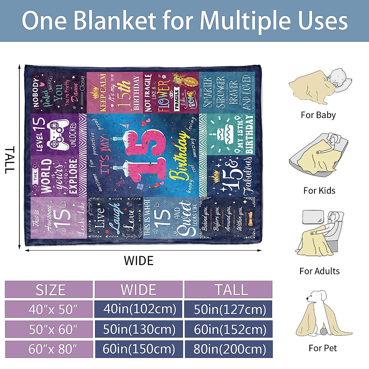 Paready 15th Birthday Presents for Girls Throw Blanket 50"x60" 15 Year Old Girl Birthday Present Soft Blanket for Couch Bed 15th Birthday Decorations for Girls Best Teenage Girl Presents