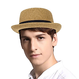 Pork-Pie-Hat-for-Men-Women Straw-Boater-Hat Summer-Sun-Derby-Fedora with Bowknot