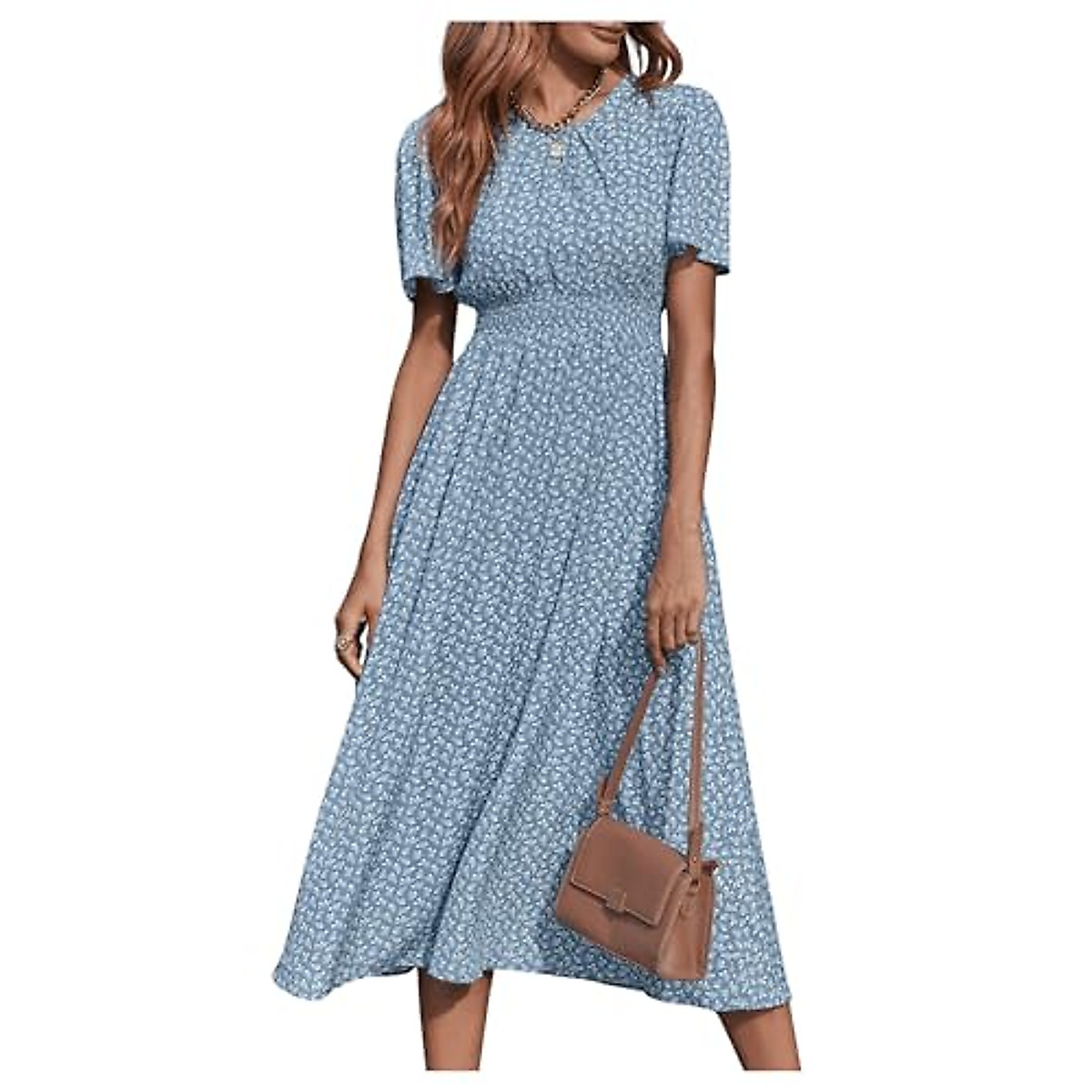 Floerns Women's Casual Floral Print Crewneck Short Sleeve A Line Boho Maxi Dress Blue M