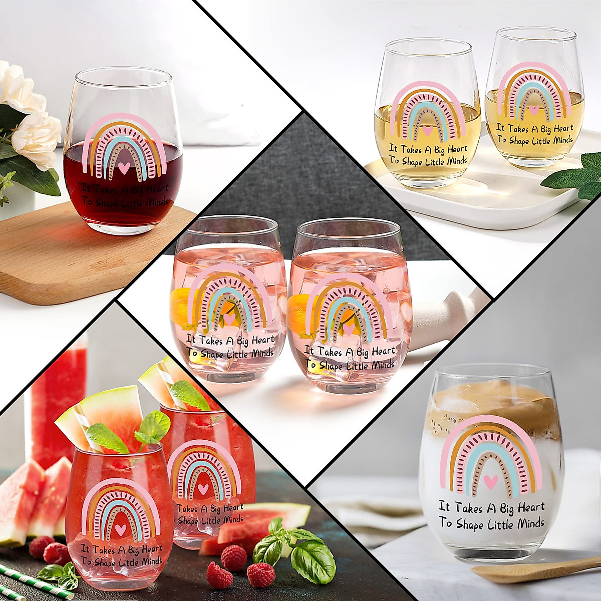 Futtumy Teacher Appreciation Gifts, Teacher Gift Thank You Gift for Teacher Women Her, It Takes a Big Heart to Shape Little Minds Stemless Wine Glass for Appreciation Week, 17Oz Rainbow Wine Glass
