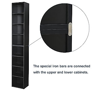 VKKILPEE Slim Media Tower Rack with Adjustable Shelves, 8-Tier Tall Narrow Storage Cabinet CD Display Rack Bookshelf, Multifunctional Double-Decker Bookcase for Home Office & Apartment, Black