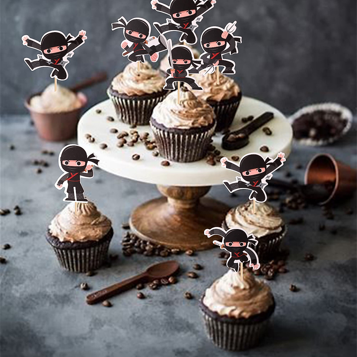 24 PCS Ninja Cupcake Toppers Assembled Martial Arts Karate Kung Fu Warriors Cupcake Picks Decorations for Ninja Theme Baby Shower Kids Birthday Party Supplies