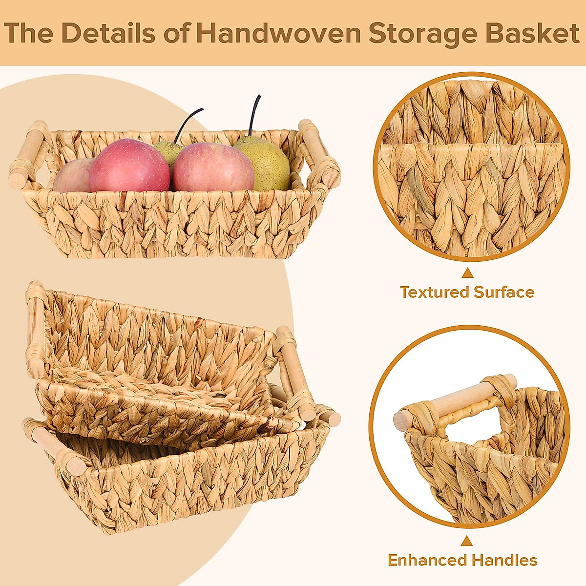 OEHID Small Wicker Baskets for Organizing, Water Hyacinth Wicker Baskets, Wicker Storage Basket, Pantry Baskets with Handle for Toilet Tank Paper Basket, 4 Pack