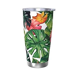 EKPRAVDKTF Tropical Leaves 20oz Insulated Stainless Steel Tumbler With Lids And Straws, Double Wall Vacuum Travel Coffee Mug, Thermal Cup For Cold & Hot Drinks, Reusable Metal Straw & Brush