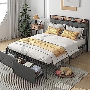 Saudism Queen Bed Frame with Drawers and Charging Station, Queen Size Platform Bed Frame with Soft Storage Headboard, Sturdy and Durable, No Box Spring Needed, Rustic Wood+Steel, Grey