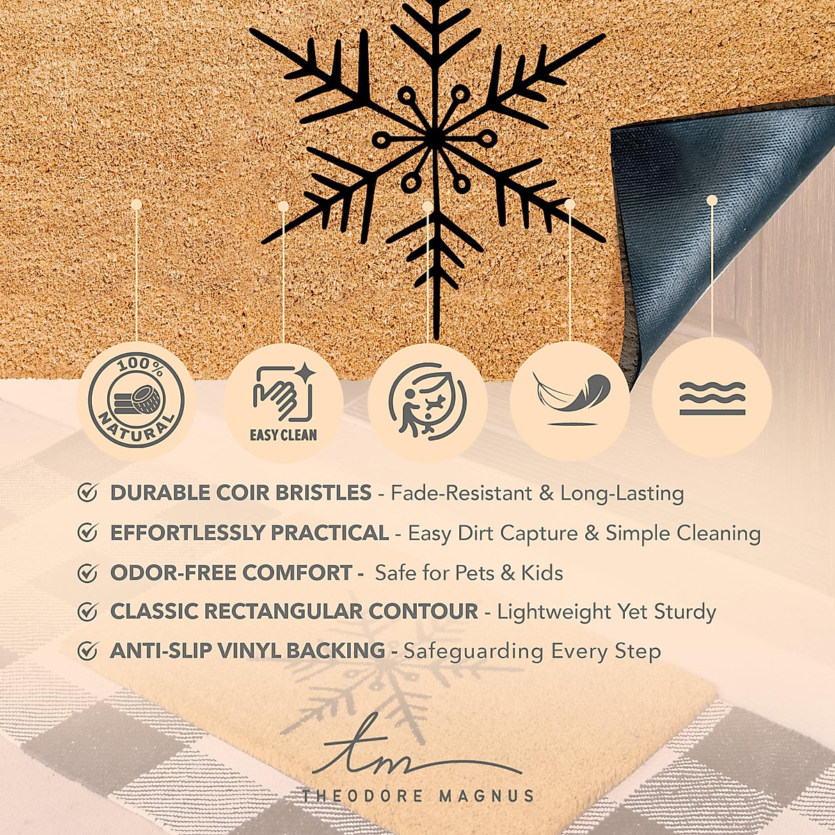 THEODORE MAGNUS Natural Coir Doormat with Non-Slip Backing - 17 x 30 - Outdoor/Indoor - Christmas Door Mat - Christmas - Snowflake - COIR-1730-15-311